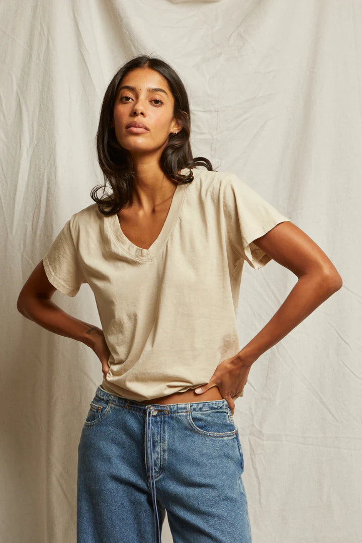 PERFECT WHITE TEE - Hendrix Boxy V Neck Tee PUTTY – Cint Boutique
